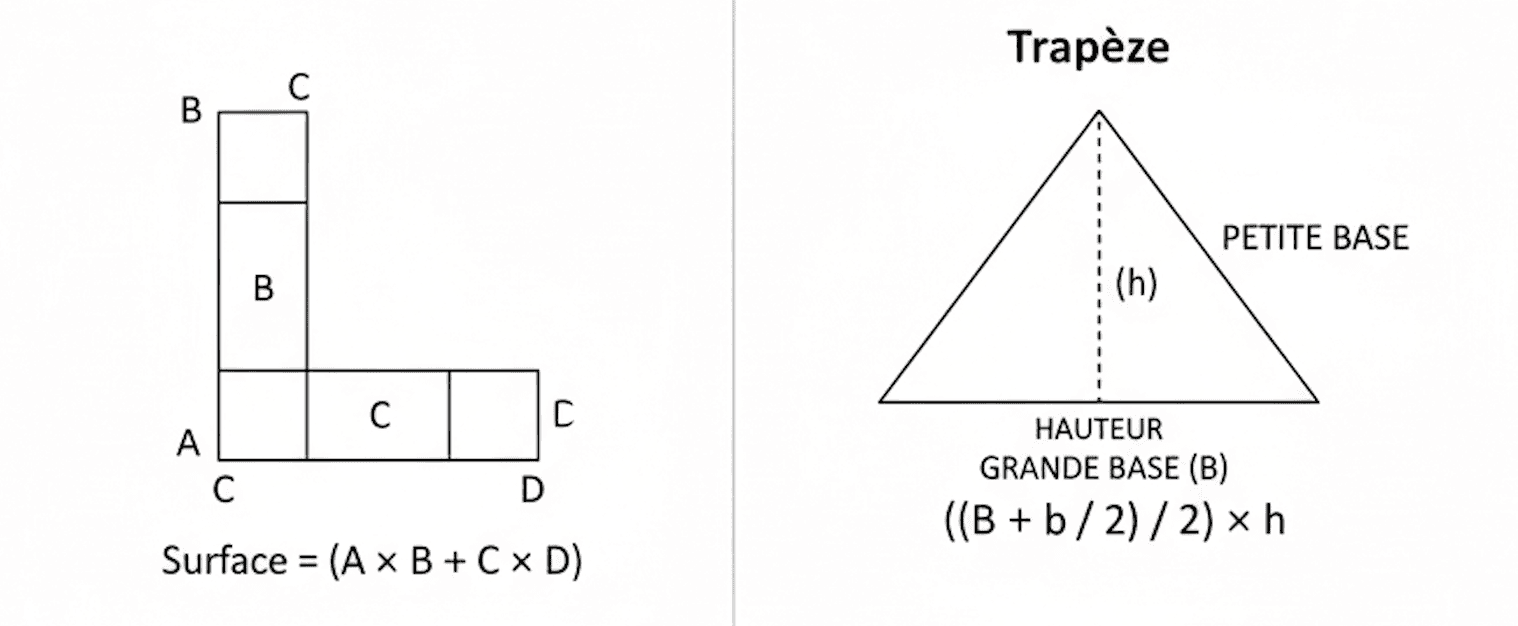Calcul de surface m2 : simulateur rectangle, pièce en L, trapèze