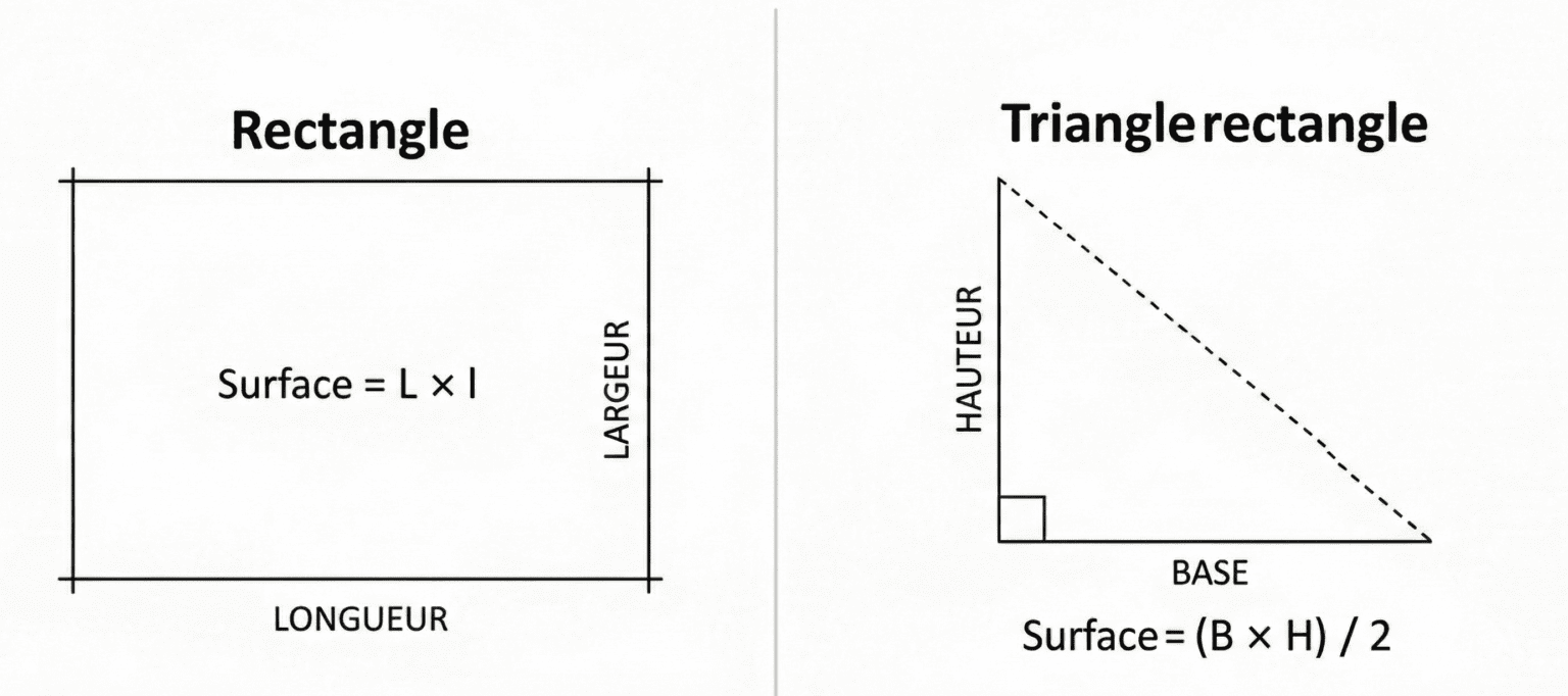 Calcul de surface m2 : simulateur rectangle, pièce en L, trapèze